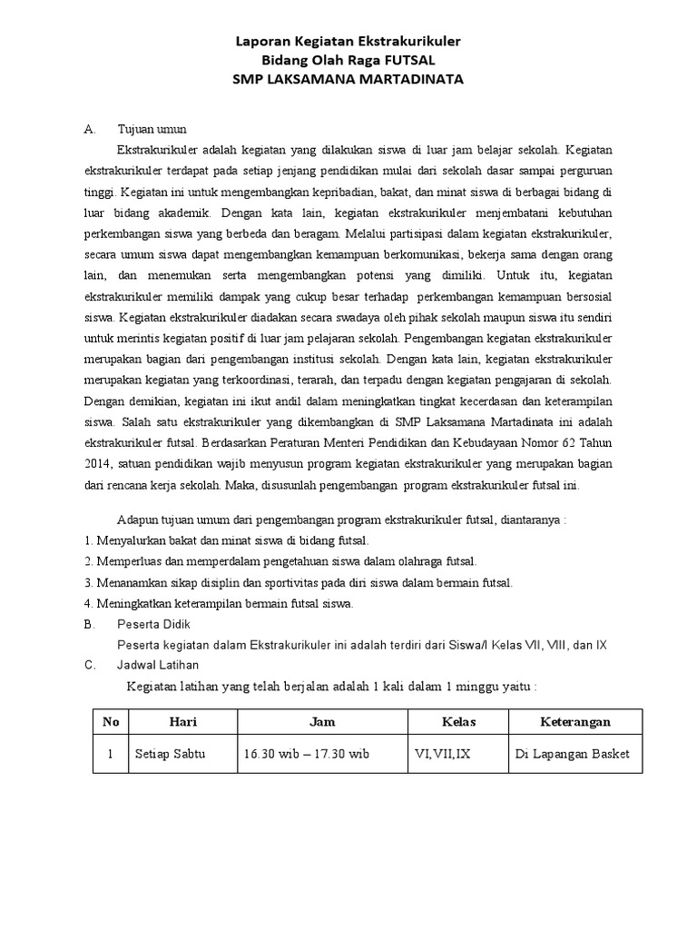 Laporan Kegiatan Ekstrakurikuler FUTSAL | PDF