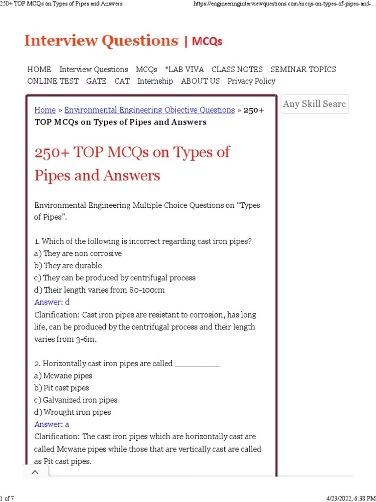 250+ TOP MCQs On Types of Pipes and Answers | PDF | Multiple Choice ...