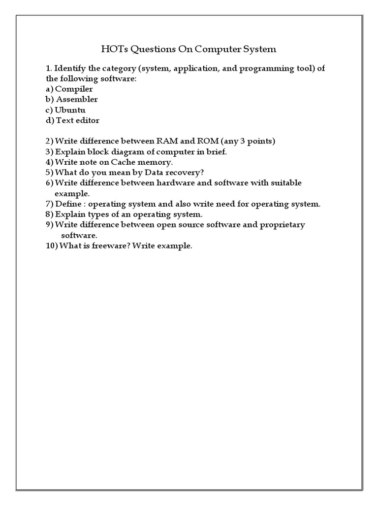 HOTs Questions on Computer Systems | PDF | Computers