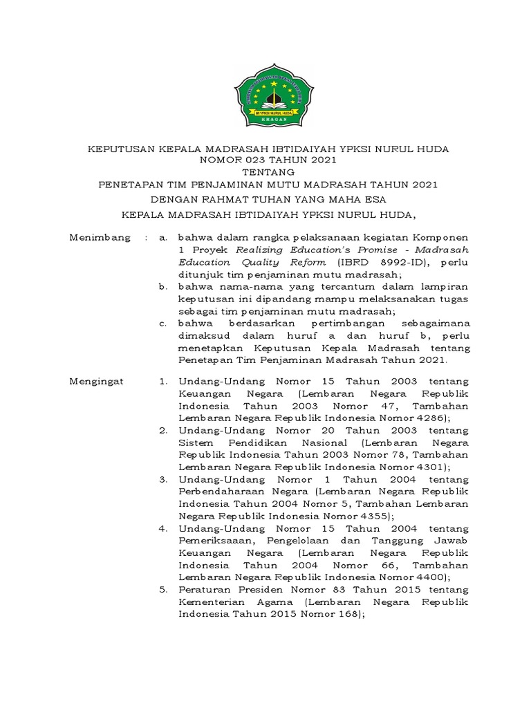 Contoh SK Tim Penjamin Mutu Madrasah | PDF