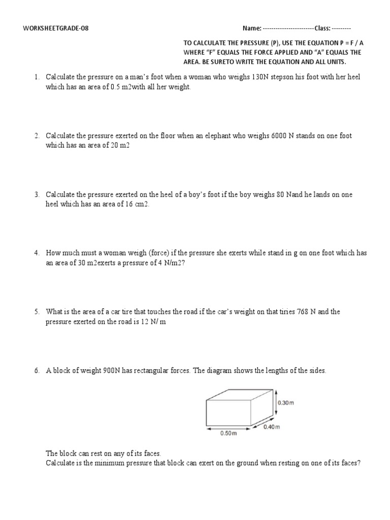 Pressure 8th Grade Worksheet | PDF
