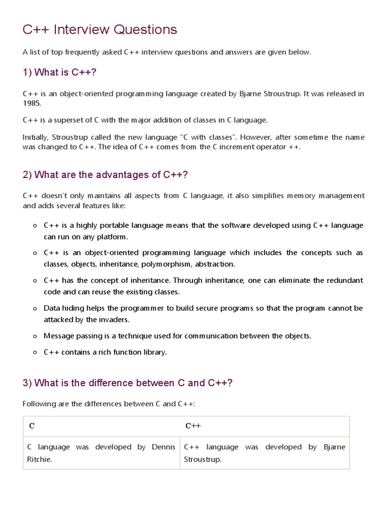 C++ Interview Questions (2021) - Javatpoint | PDF | C++ | Class ...