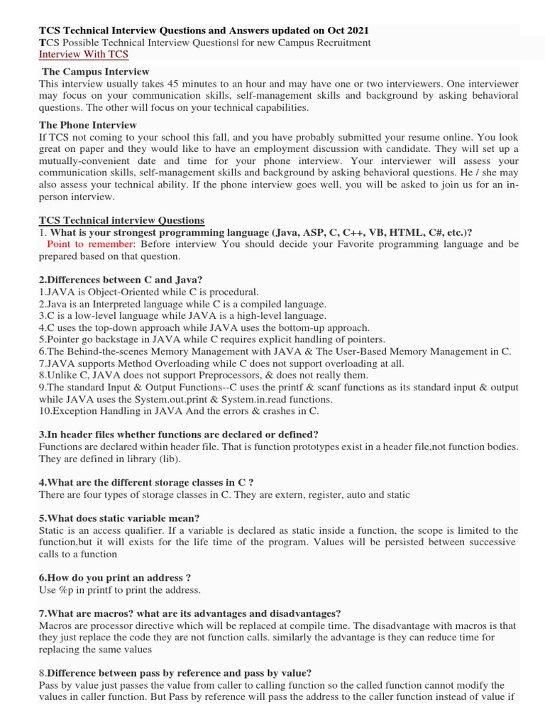 TCS Technical Interview Questions and Answers Updated On Oct 2021 | PDF ...