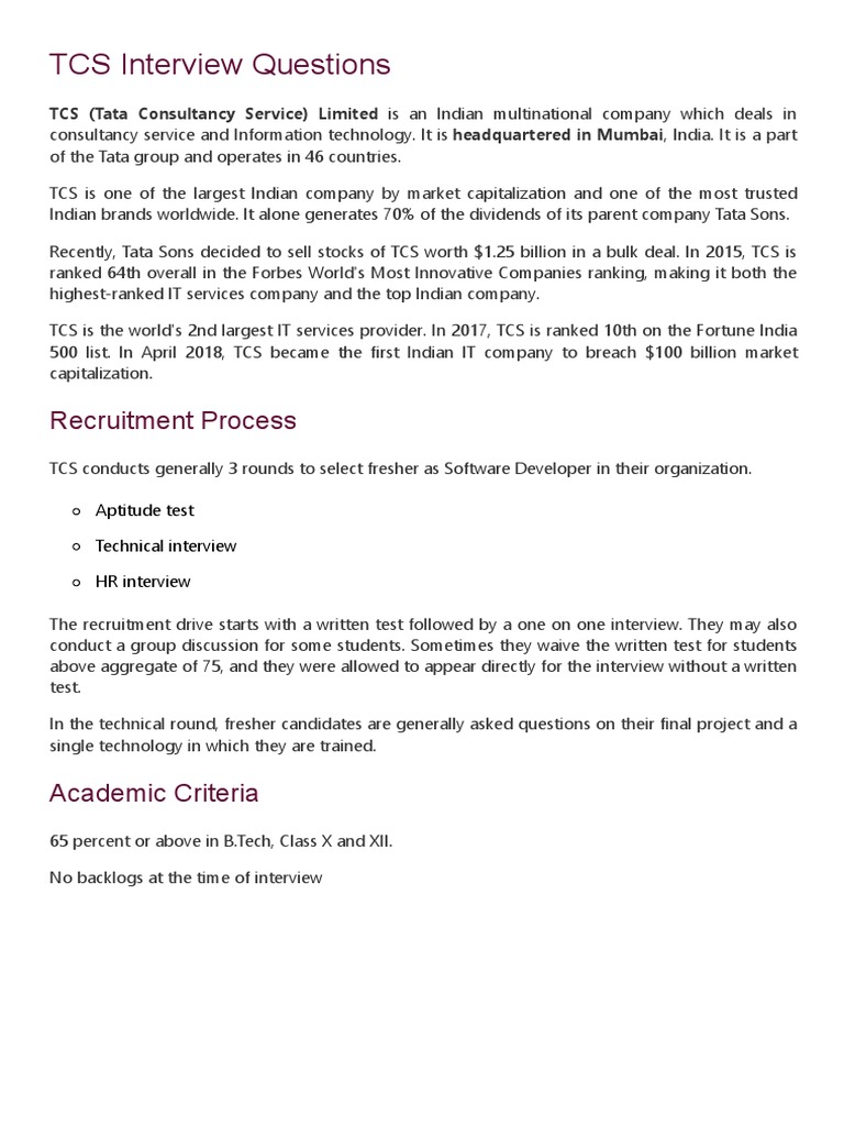 Tcs Interview Questions Tcs Recruitment Process 2021 Javatpoint Pdf Class Computer