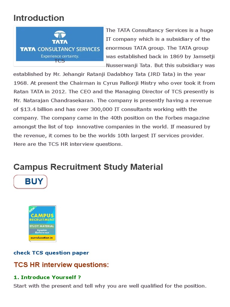 TCS HR Interview Questions With Answers _ Our Education | PDF