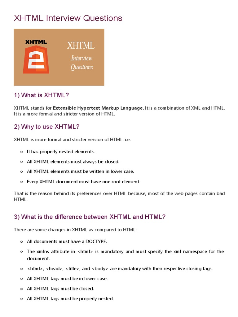 XHTML Interview Questions (2021) - Javatpoint | PDF | Xhtml | Html