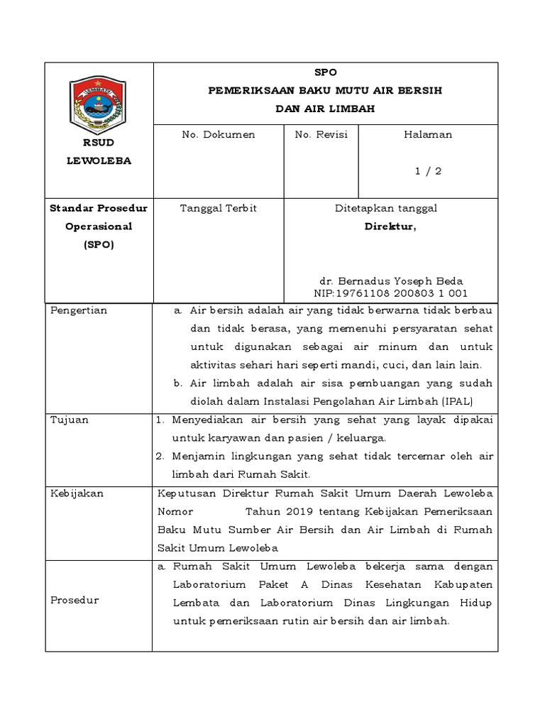 SPO Pemeriksaan Baku Mutu Air Bersih Dan Air LImbah | PDF