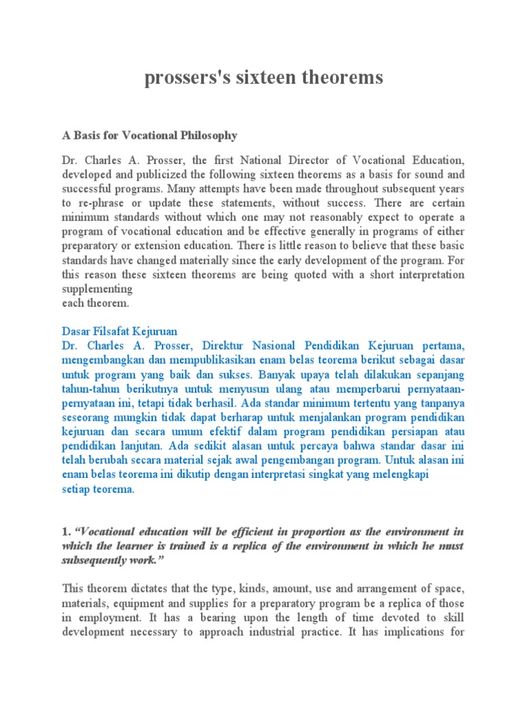 A Basis For Vocational Philosophy (Prossers's Sixteen Theorems) | PDF ...