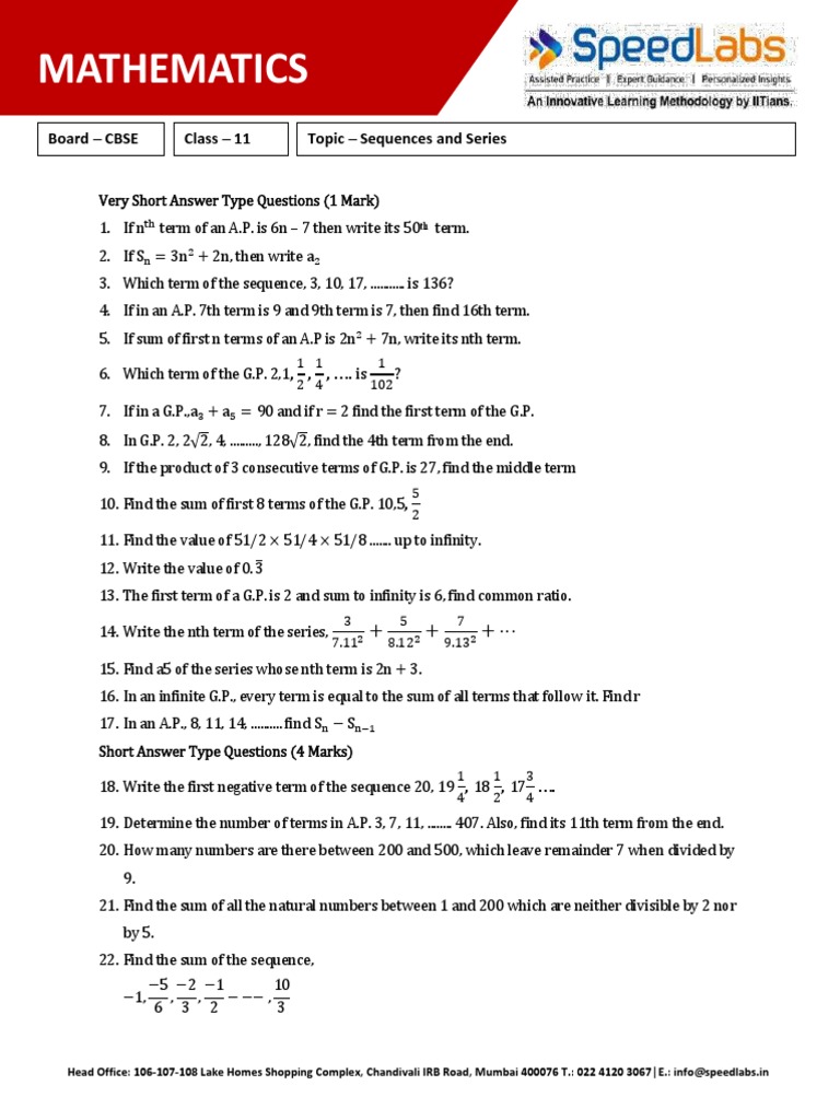 Sequence and Series - Important Qs - Sequences and Series - Important Questions | Download Free ...