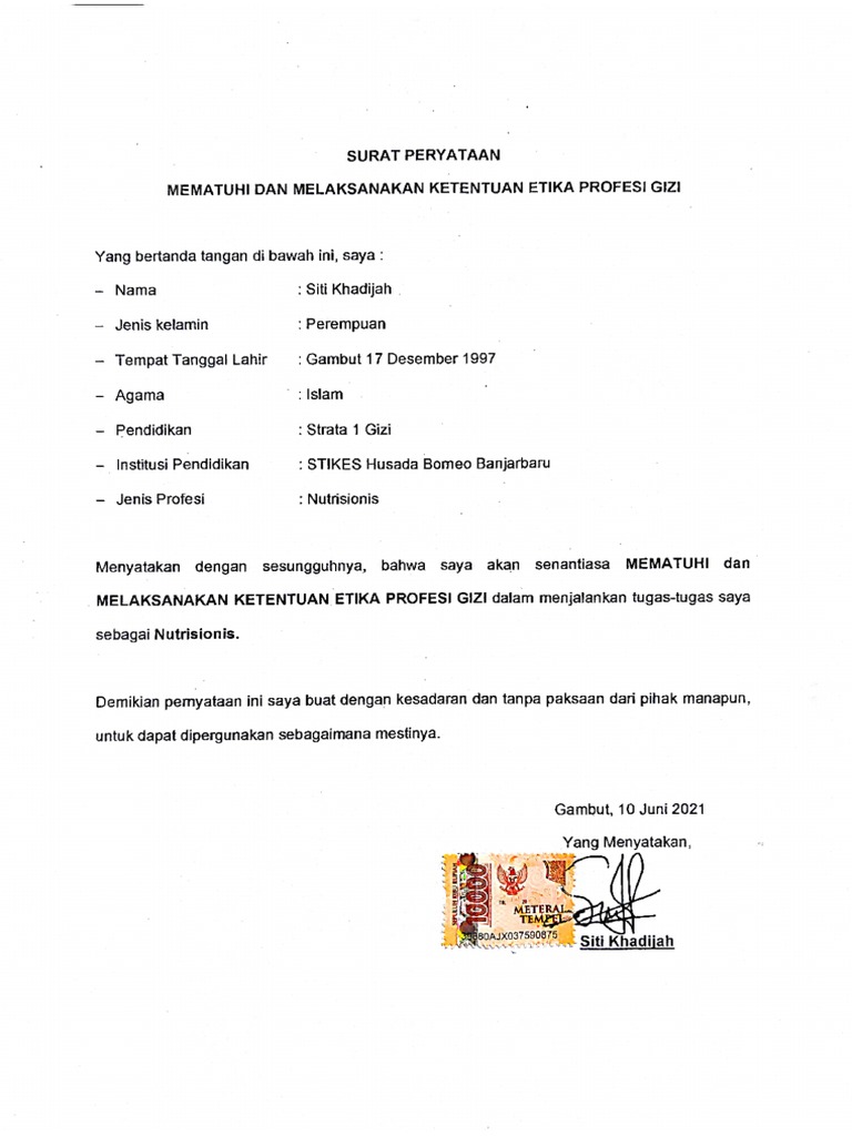 Surat Pernyataan Mematuhi Dan Melaksanakan Ketentuan Etika Profesi Gizi ...