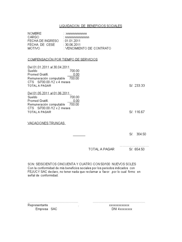 Liquidación de Beneficios Sociales 2011 | PDF | Negocios | Finanzas y dinero