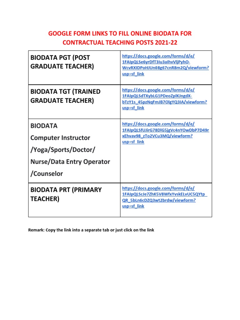 Link For Google Form To Fill Biodata of Candidates | PDF