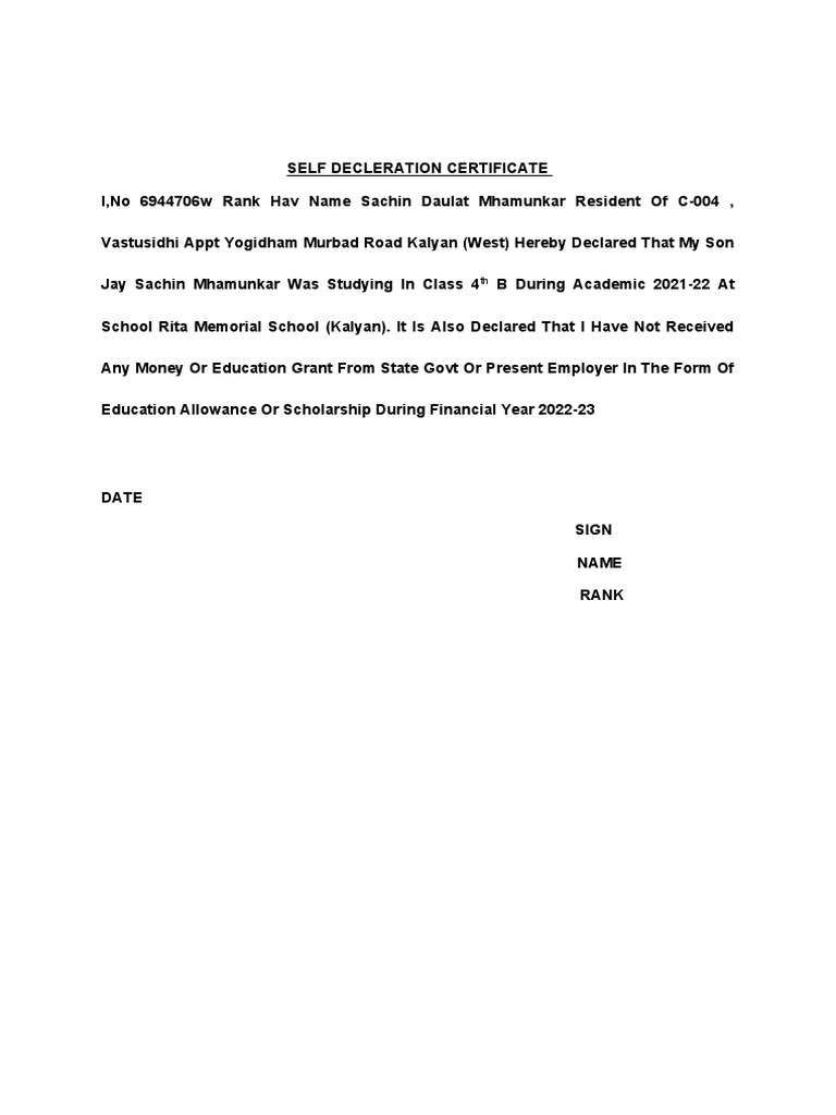 Self Decleration Certificate | PDF