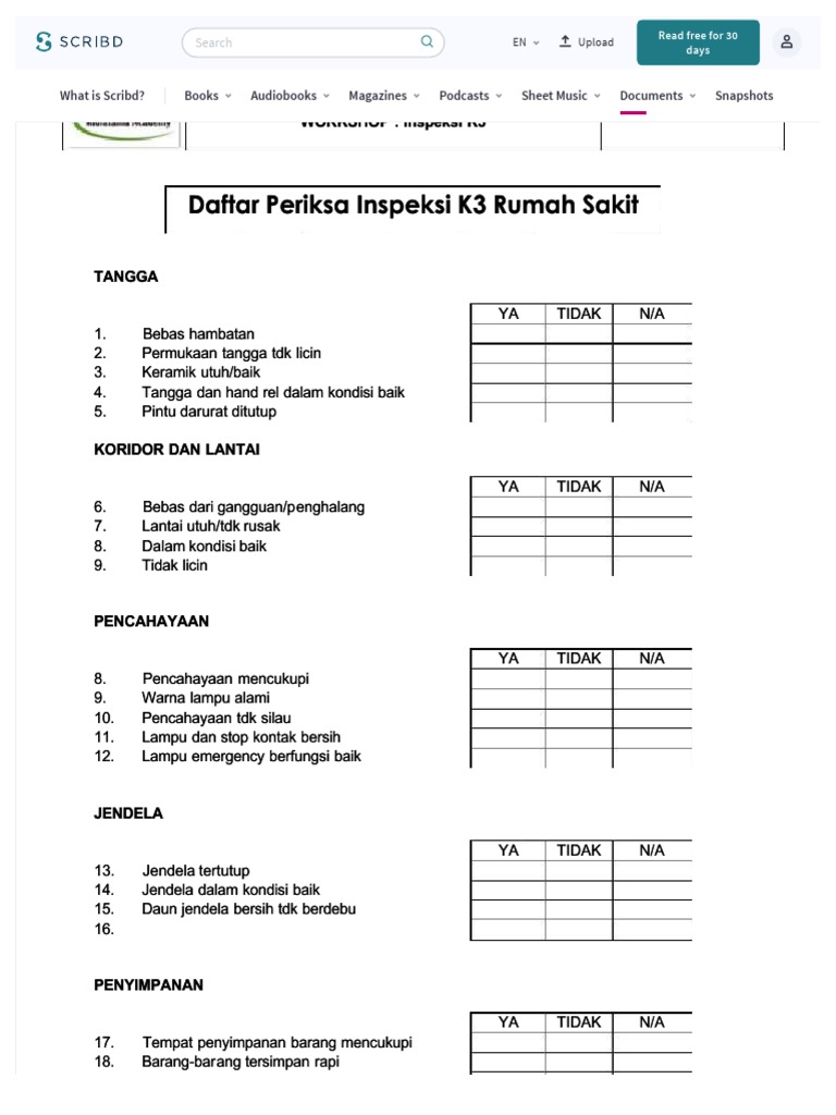 PDF Form Inspeksi k3 Rumah Sakit DL | PDF | Rich Dad | Scribd