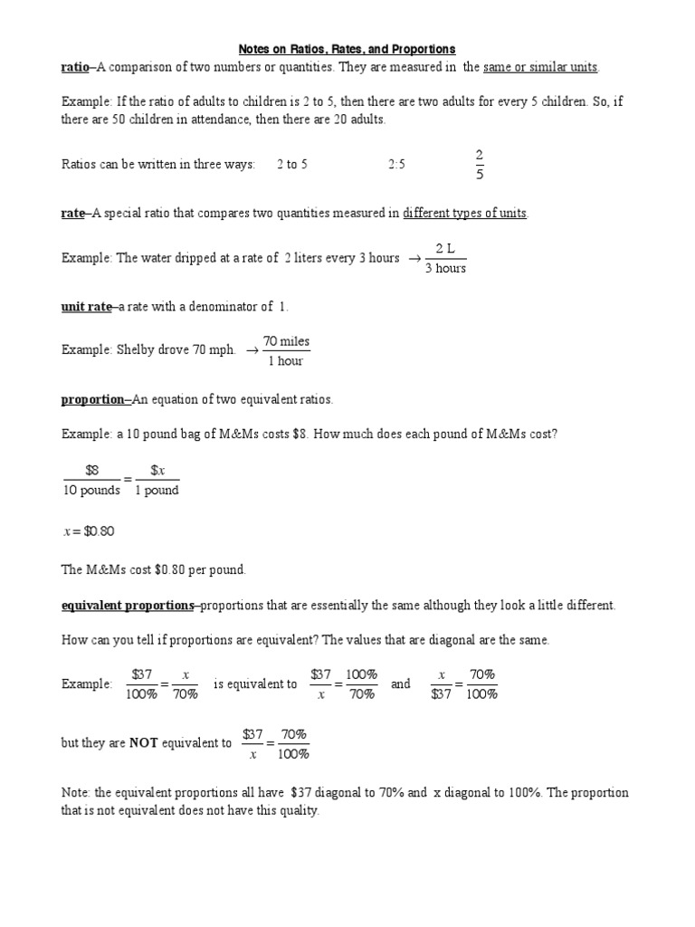 Notes On Ratios Rates And Proportions Pdf Ratio Mathematical Concepts