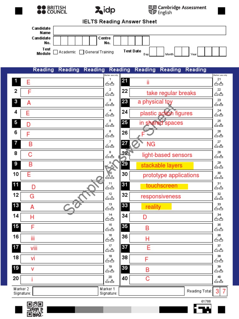 IELTS Academic Reading - Sample Answer Sheet | PDF