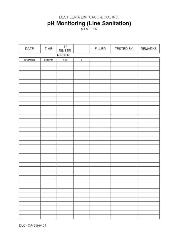Form - DLCI-QA-xxrev.00 Sanitation PH Monitoring | PDF