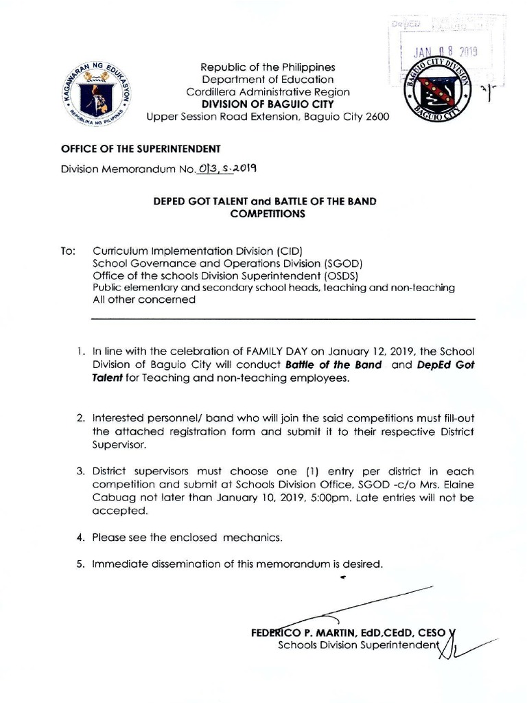 Division Memo No. 13 S. 2019 DepEd Got Talent and Battle of The Band ...