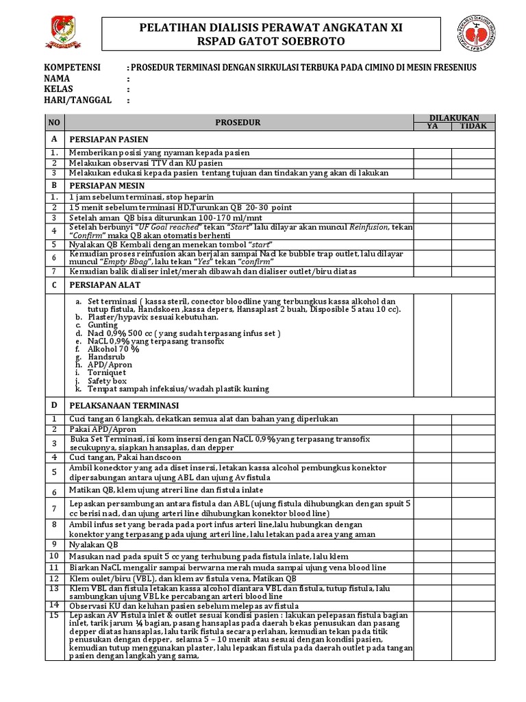 Ceklist Terminasi Terbuka Cimino Mesin Fresenius | PDF