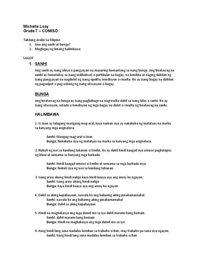 Assignment in Filipino - SANHI AT BUNGA | PDF