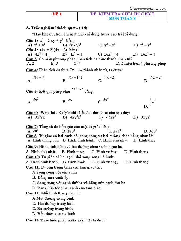 Bo de Kiem Tra Giua HK1 Toan 8 | PDF