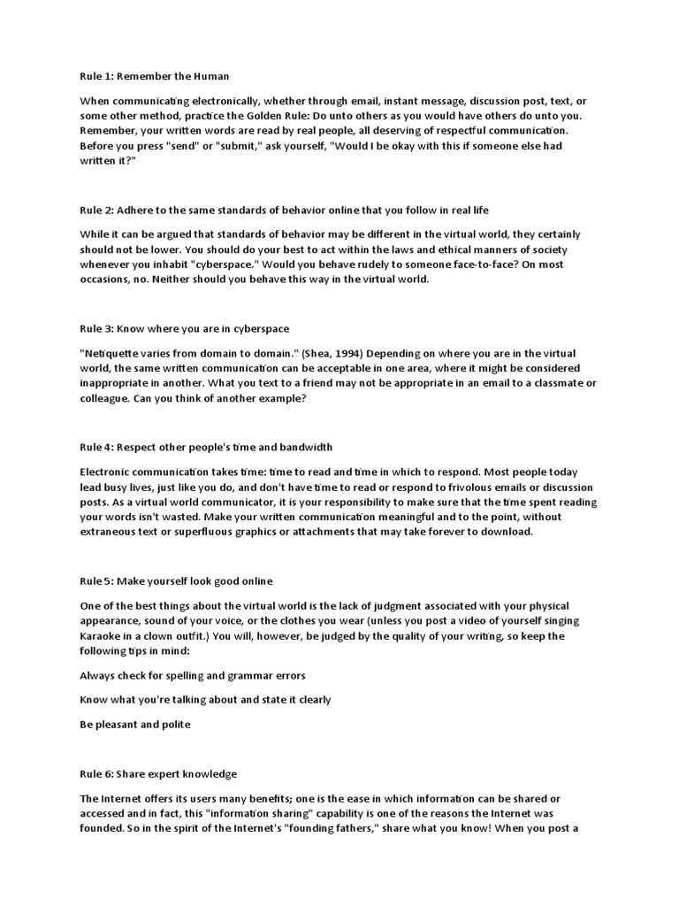 Rule and Netiquette | PDF | Online And Offline | Etiquette