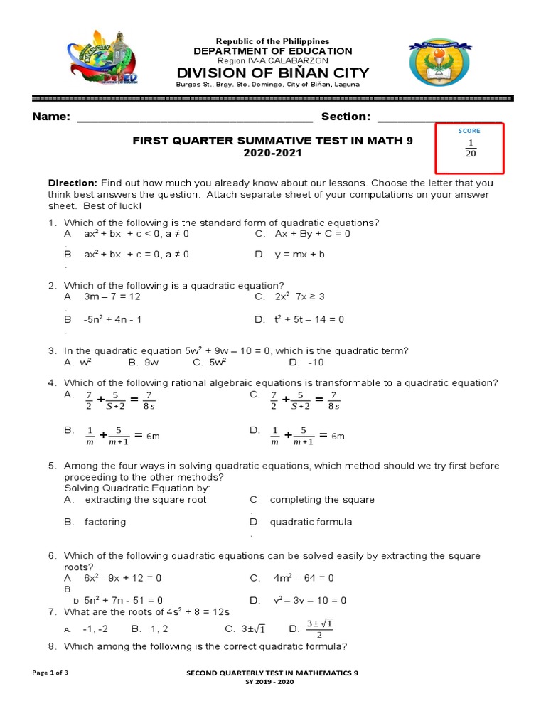 1st Quarter Summative Test | PDF | Quadratic Equation | Equations