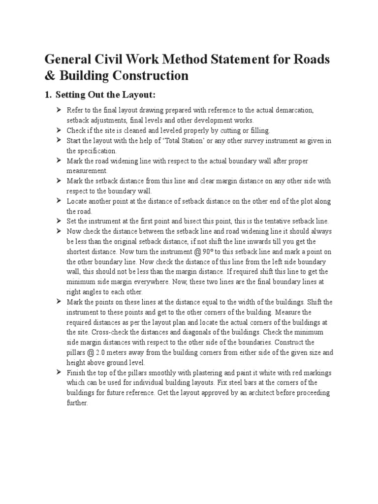 Civil Work Method Statement for Roads | PDF | Foundation (Engineering ...