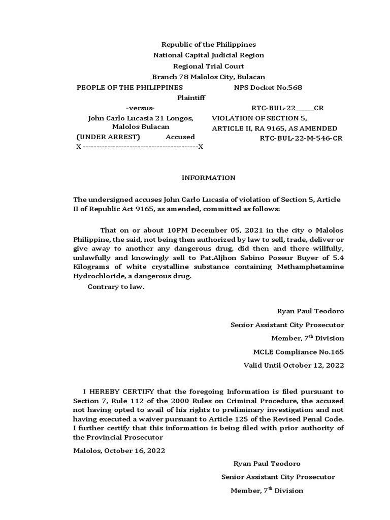 Information: Violation of Section 5, Article II of Republic Act 9165 ...
