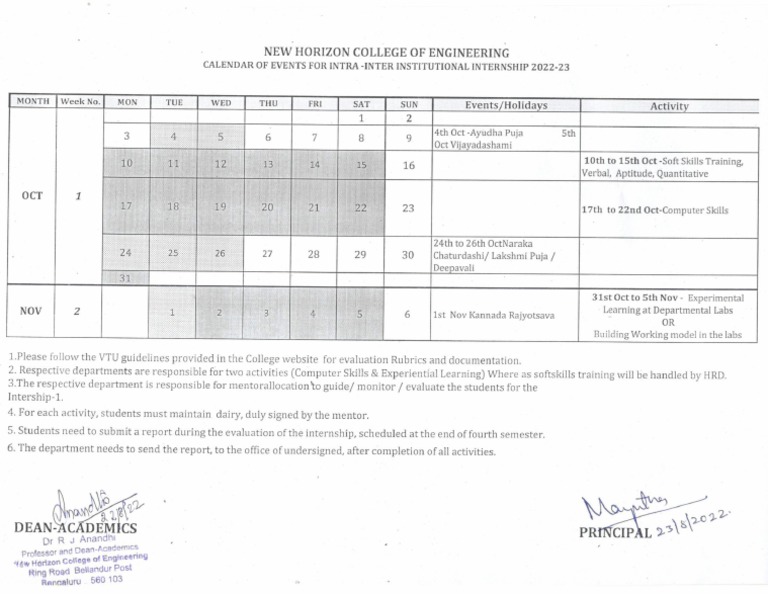 Internship Calendar For Batch of 2021-22 | PDF