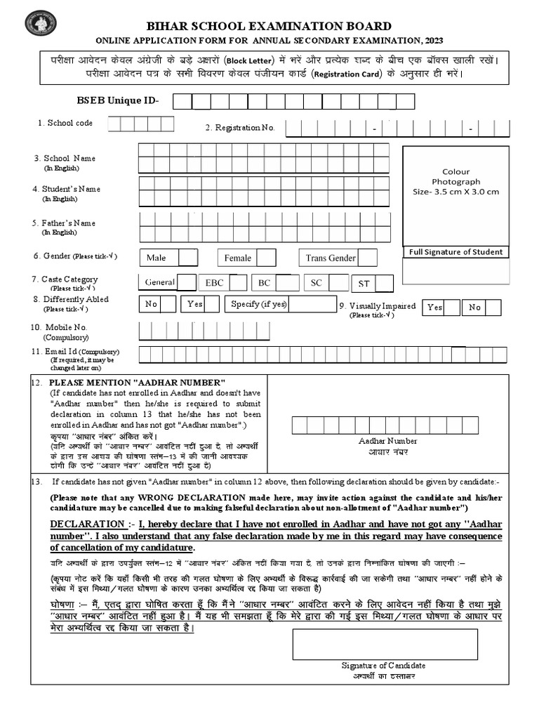 Bseb 10TH Application Form 2023 | PDF | Access Control | Government Of ...