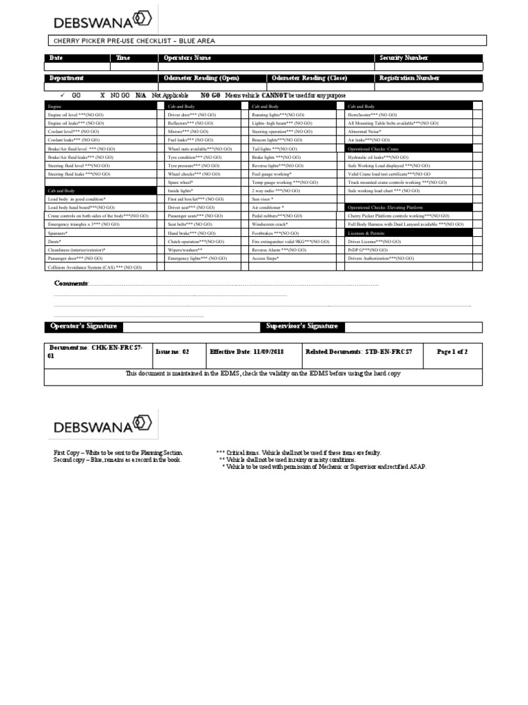 CHK-En-FRCS7-01 Cherry Picker Pre-Use Checklist - Blue Area | PDF ...