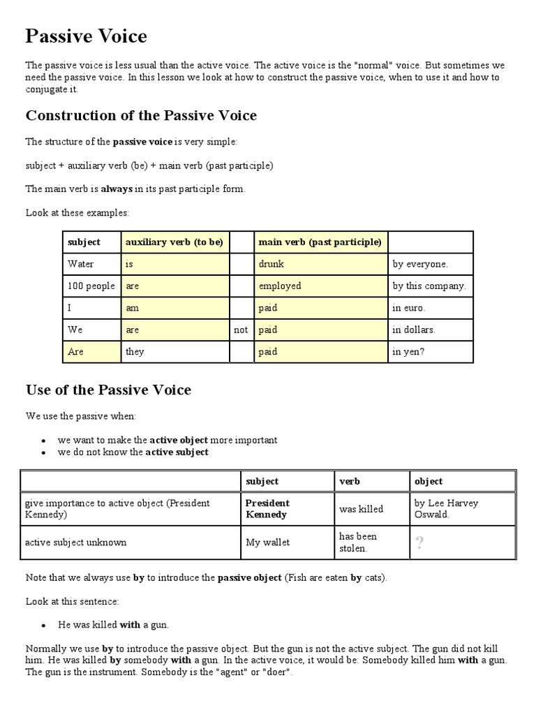 Passive Voice: Tenses and Examples | PDF | Perfect (Grammar) | Verb