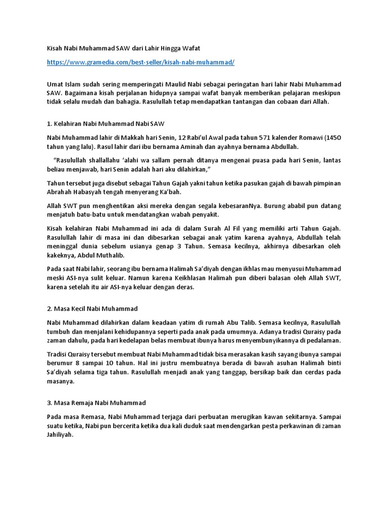 Kisah Nabi Muhammad SAW Dari Lahir Hingga Wafat | PDF | Agama ...