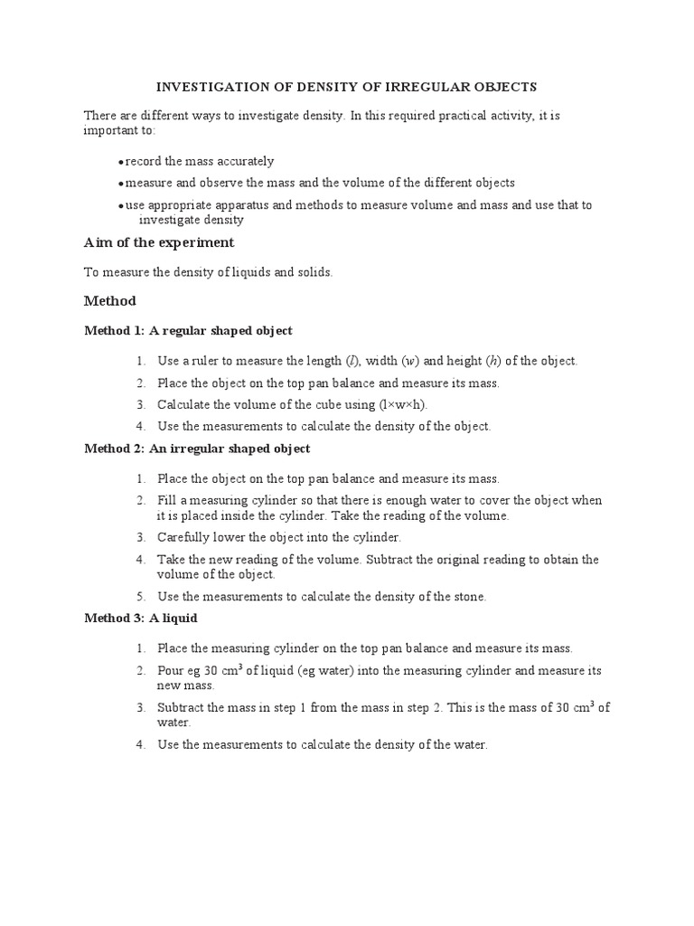 Investigation of Density of Irregular Objects | PDF | Density | Volume