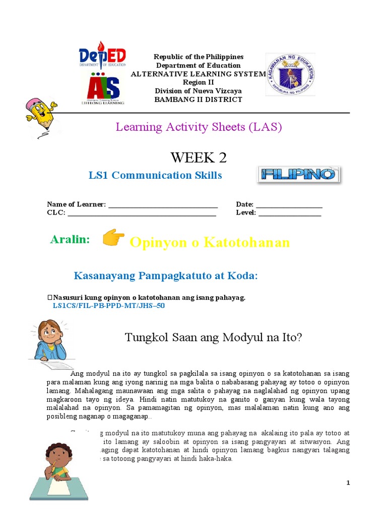 LS1 Fil. Modules With Worksheet (Opinyon-Katotohanan) | PDF