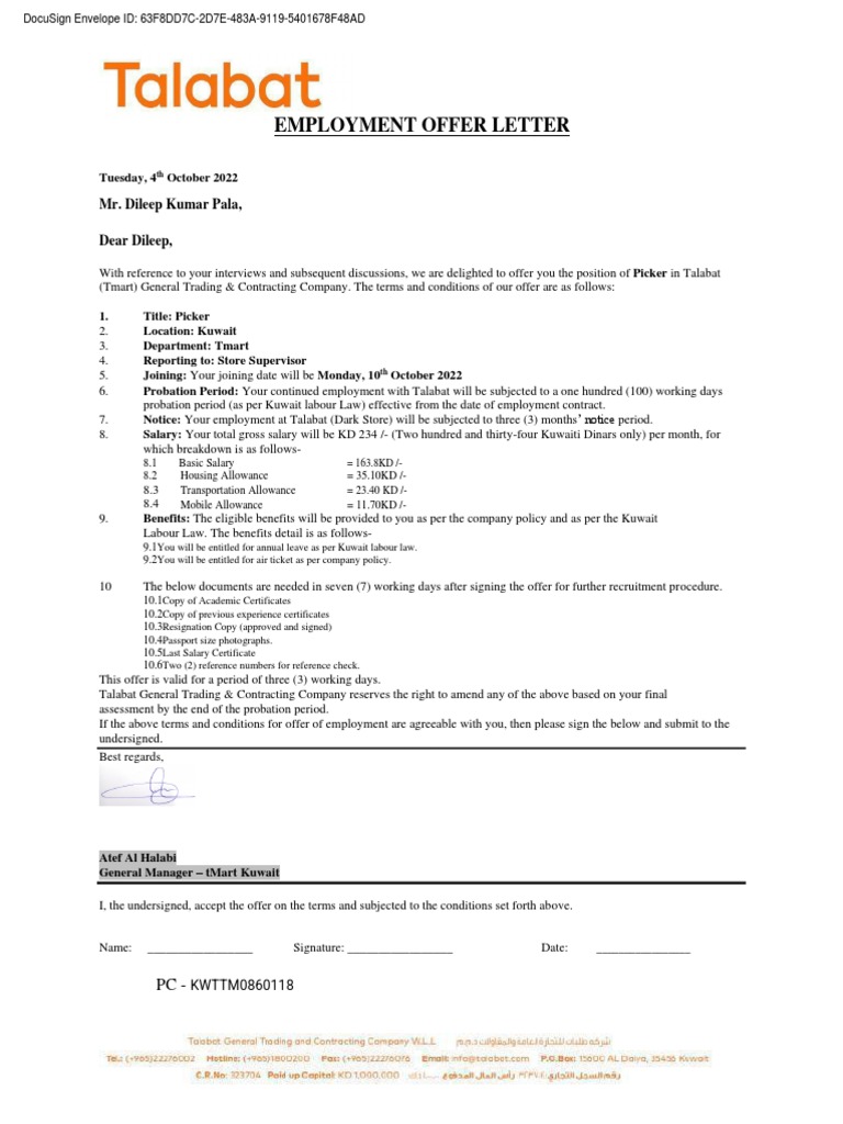 Dileep Kumar Pala - Offer Letter | PDF