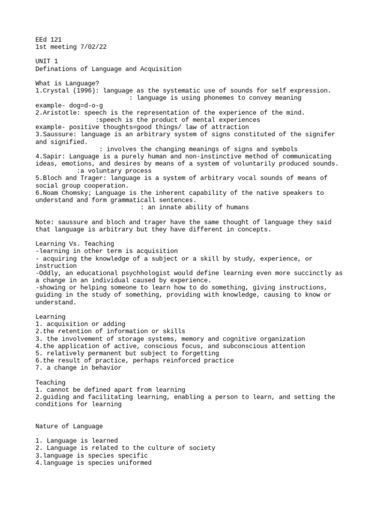 EED 121 Lecture 1 | PDF | Language Acquisition | Cognitive Science