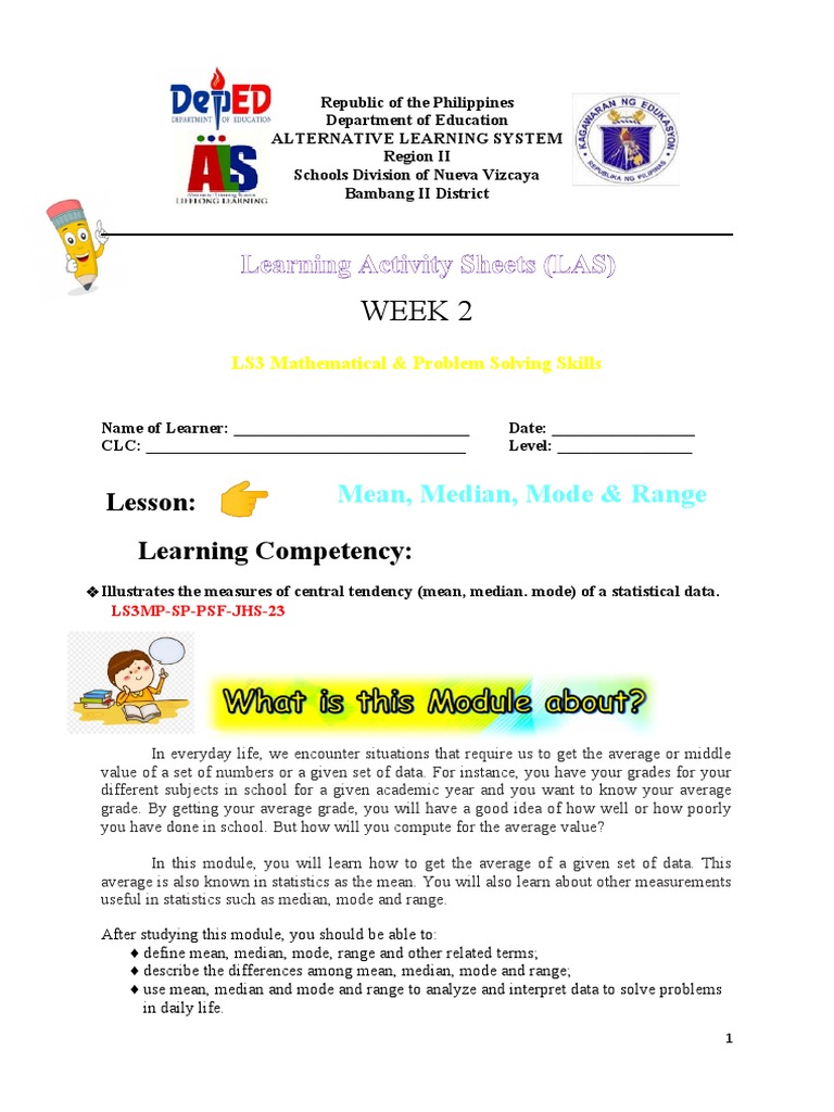 LS3 Modules With Worksheets (Mean, Median, Mode and Range) | PDF | Mean ...