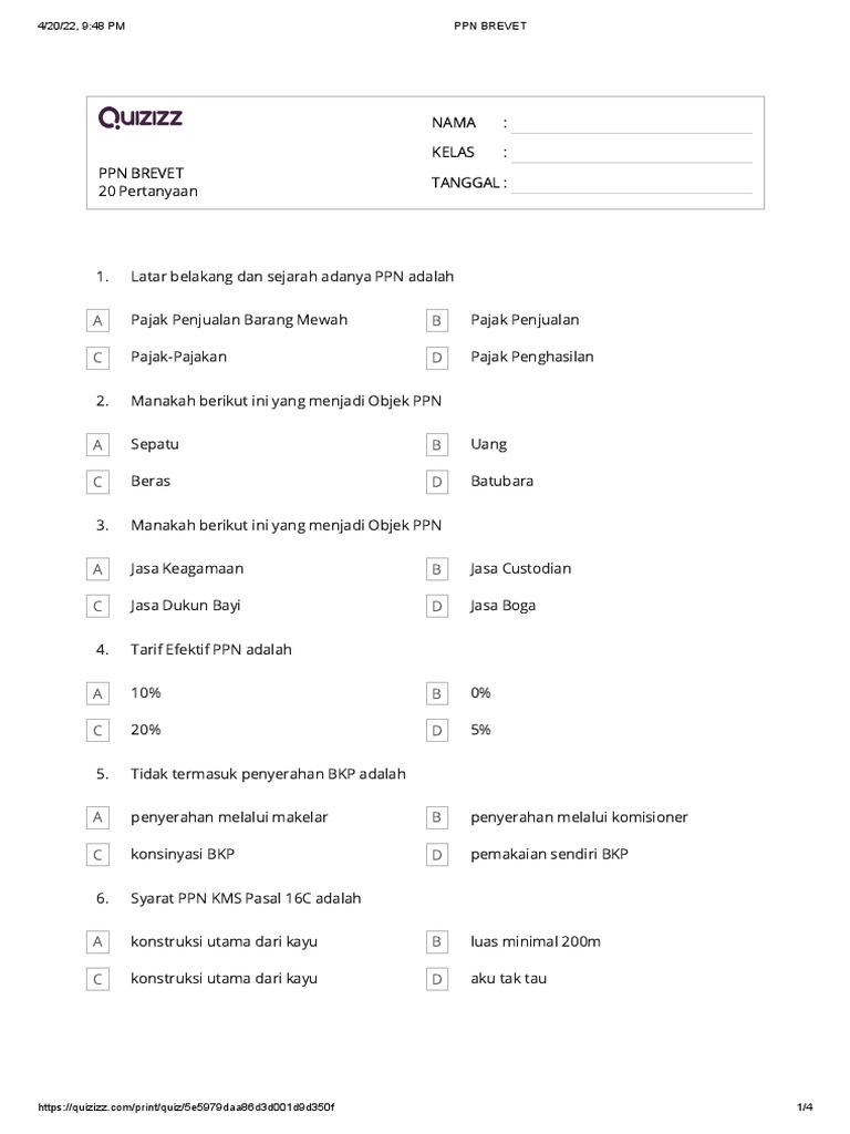 Kuis PPN Brevet: 20 Pertanyaan Pajak | PDF