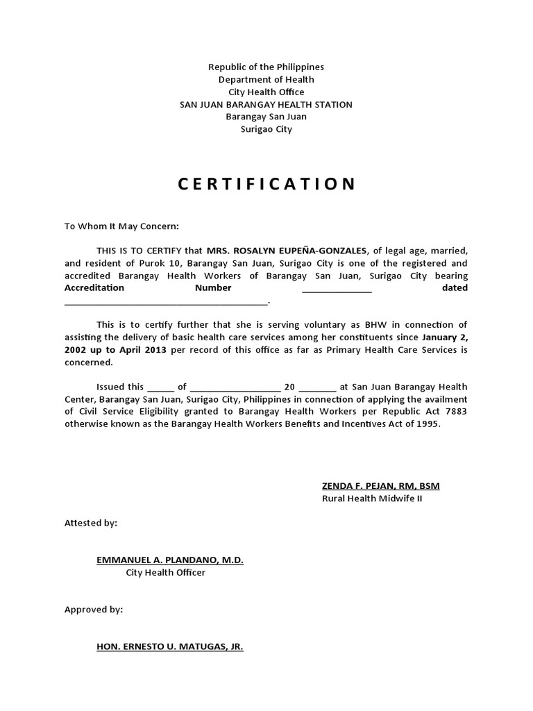 Barangay Health Worker Certification | PDF | Public Services | Health ...