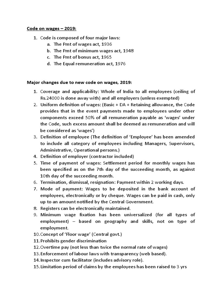 Code on Wages Act 2019 Overview | PDF | Employment | Wage