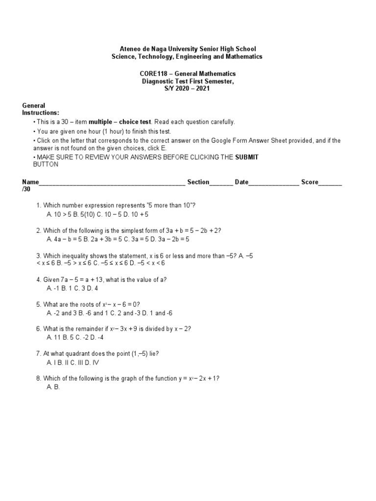 Gen Math Diagnostic Test | PDF | Interest | Inequality (Mathematics)