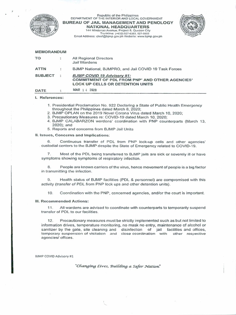 BJMP COVID-19 Advisory 01 COMMITMENT OF PDL FROM PNP AND OTHER AGENCIES ...