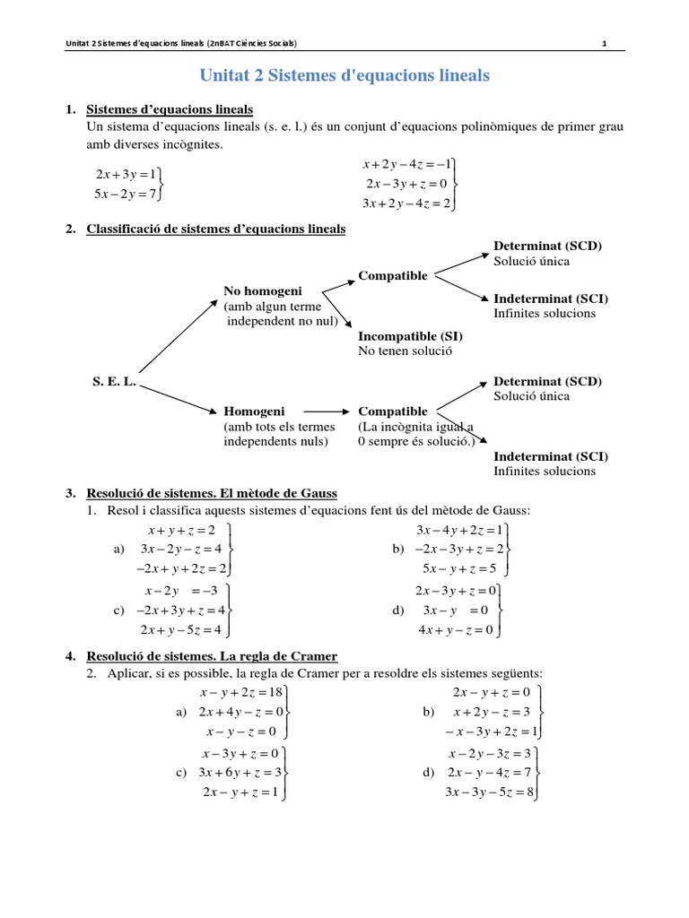 Unitat 2. Sistemes Dequacions Lineals (Exercicis) | PDF