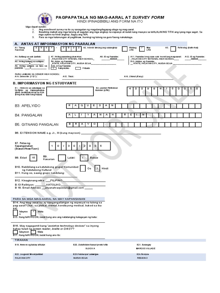 Modified Learner Enrollment and Survey Form Filipino | PDF