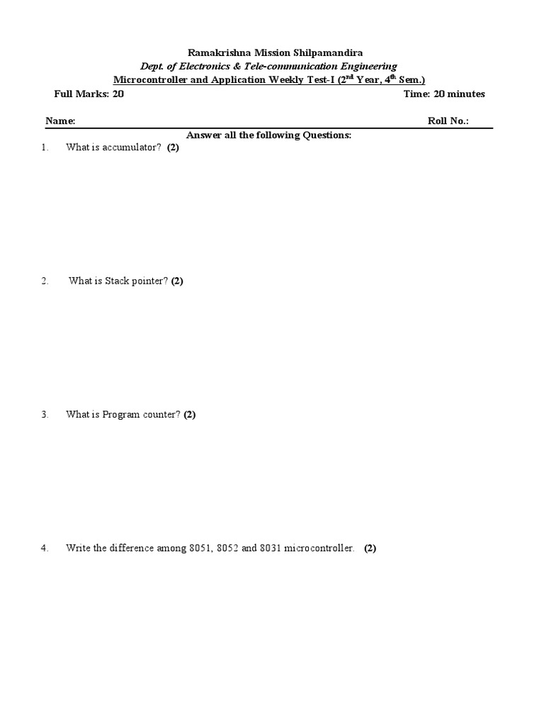 Microcontroller - Weekly Test-I | PDF