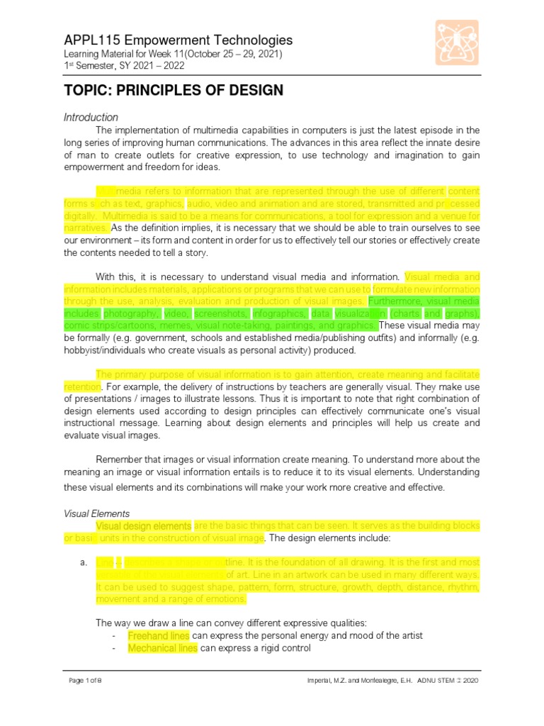 Week 11 - Principles of Design | PDF | Composition (Visual Arts) | Multimedia