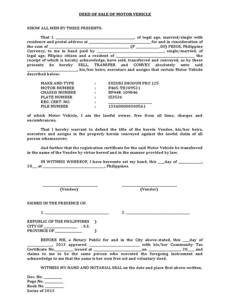 Motor Vehicle Deed of Sale Template | PDF | Deed | Government