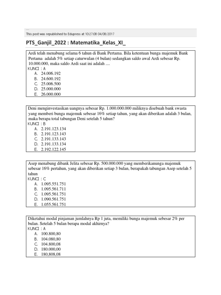 Matematika - XI - Template - Soal - PTS - 2022-1 | PDF